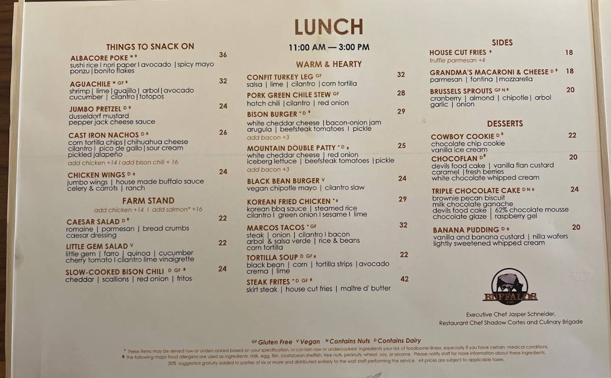 Menu at Buffalos restaurant, Avon, Daybreak Ridge Rd