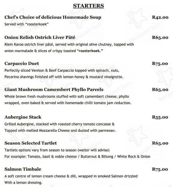 Menu at Buffelsdrift Game Lodge restaurant, Oudtshoorn