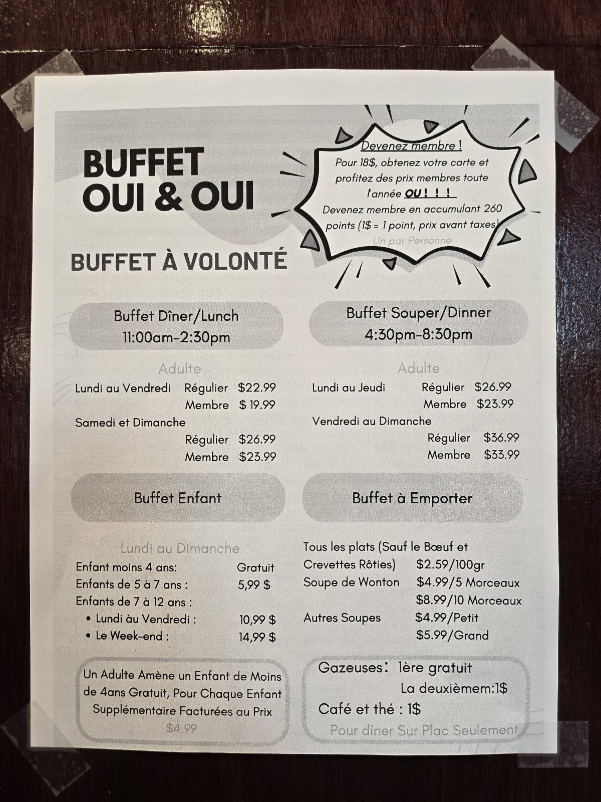 Menu au Buffet Oui & Oui restaurant, Montréal
