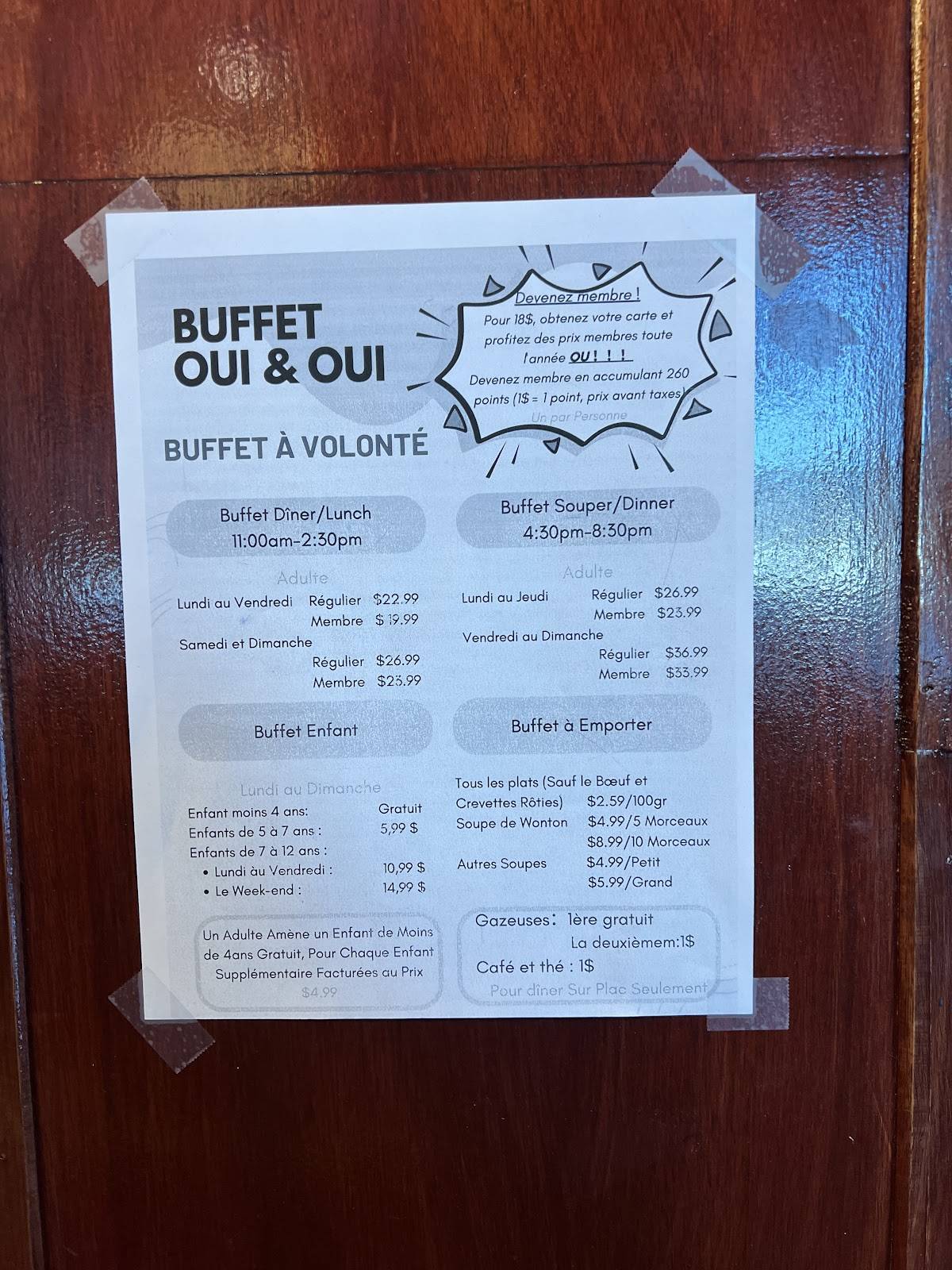Menu au Buffet Oui & Oui restaurant, Montréal