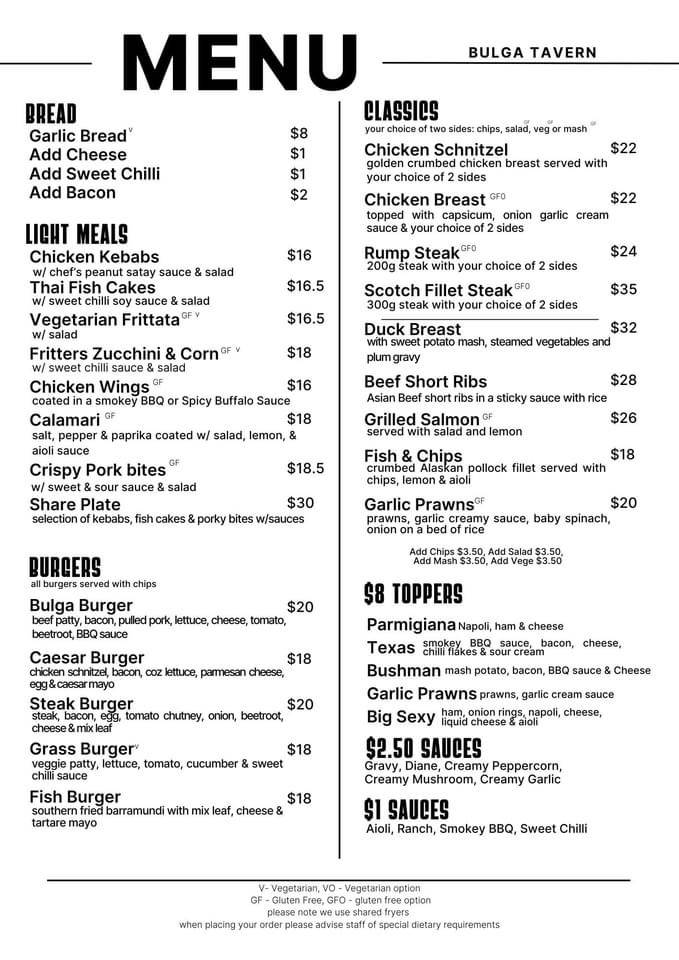 Menu at Bulga Tavern pub & bar, Bulga