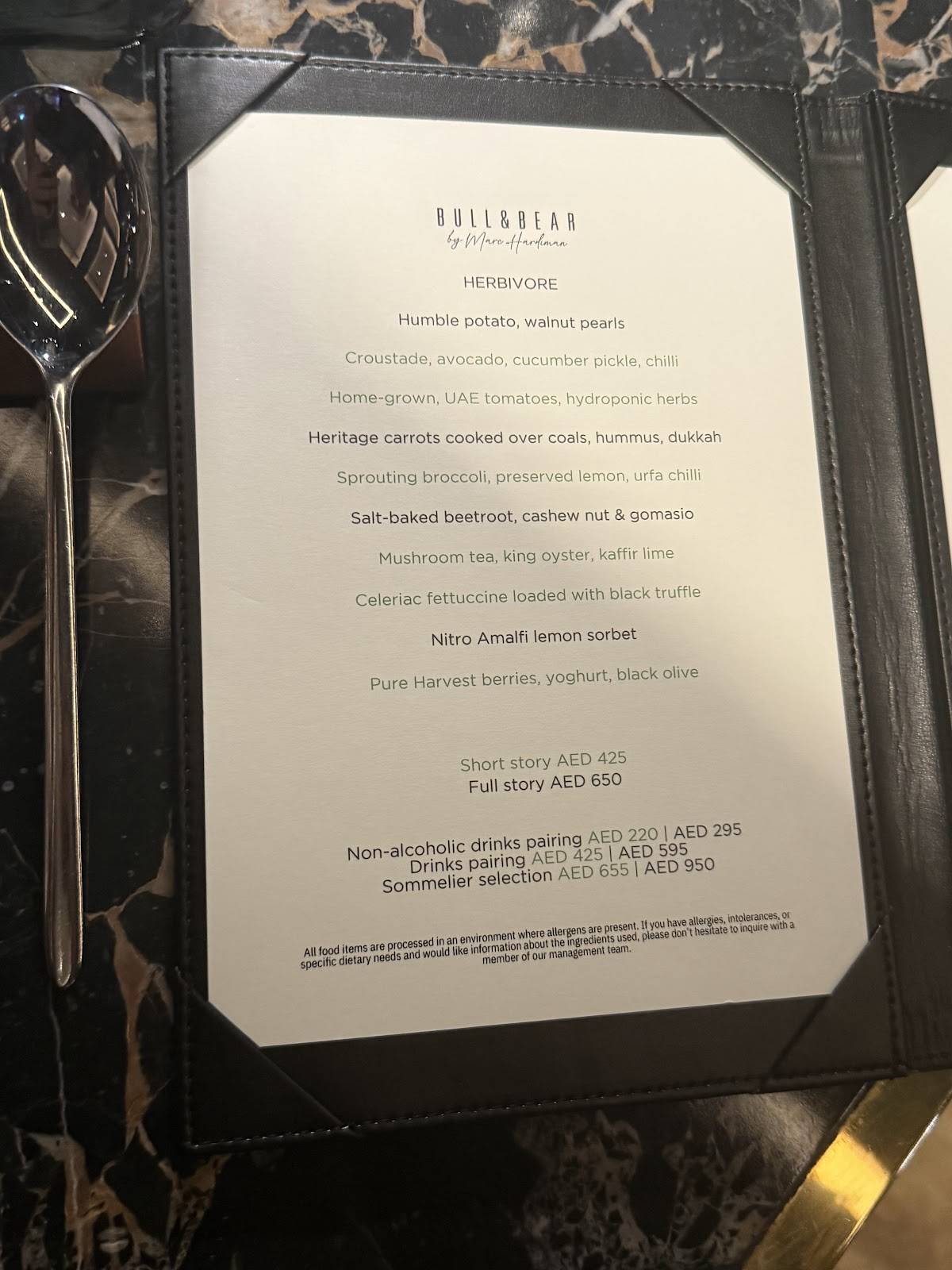 Menu at Bull & Bear DIFC steakhouse, Dubai