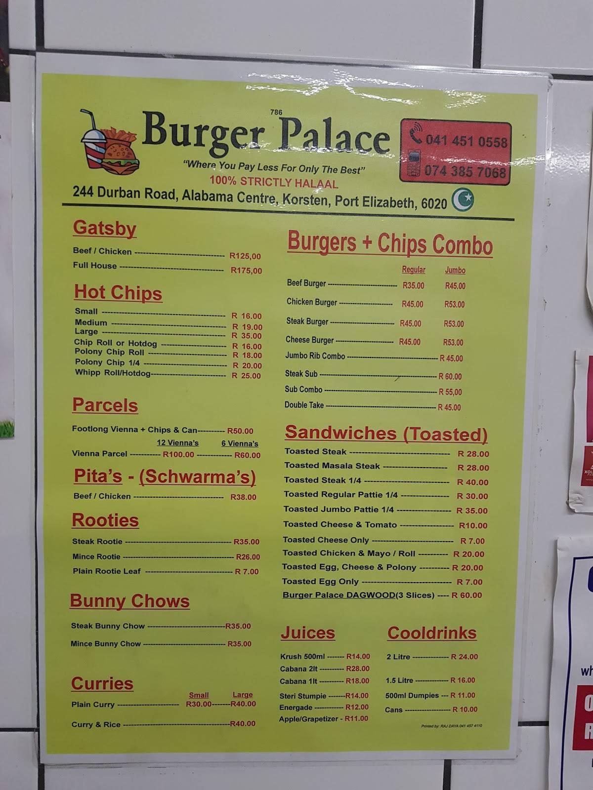 Menu at Burger Palace restaurant, Port Elizabeth