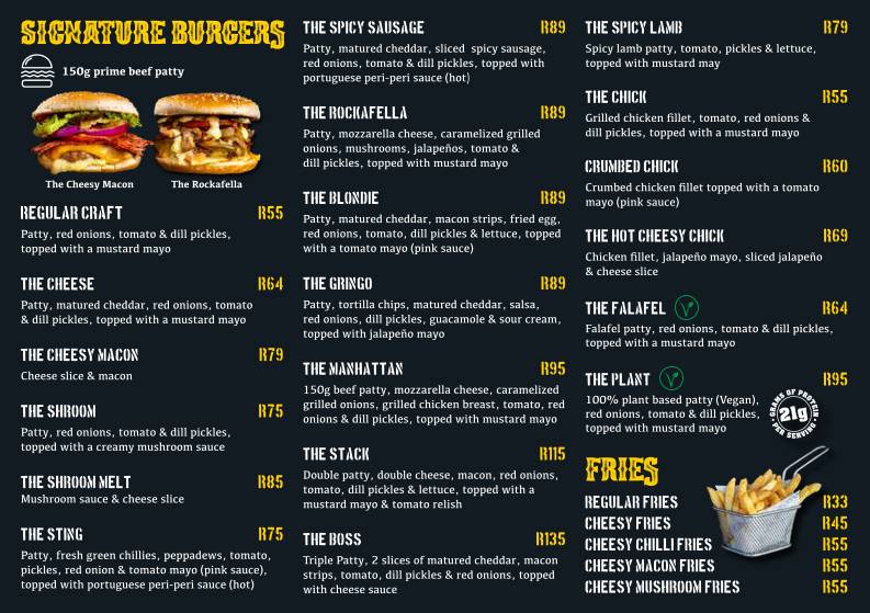 Menu at Burgerack restaurant, Boksburg