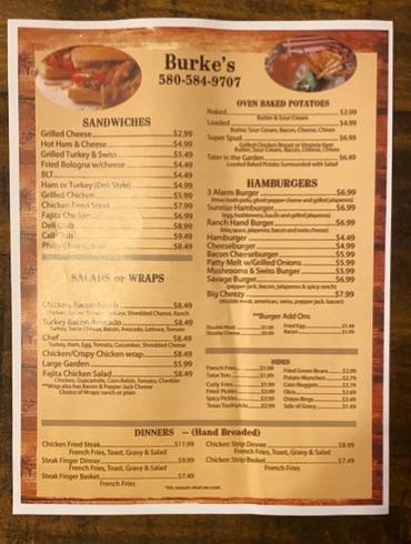 Menu at Burke's Convenience Store restaurant, Broken Bow