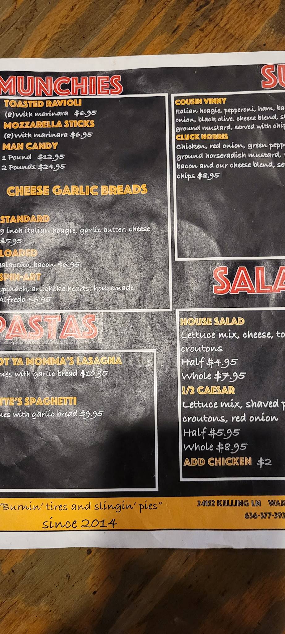 Menu at Burnouts Pizza Joint restaurant, Pendleton