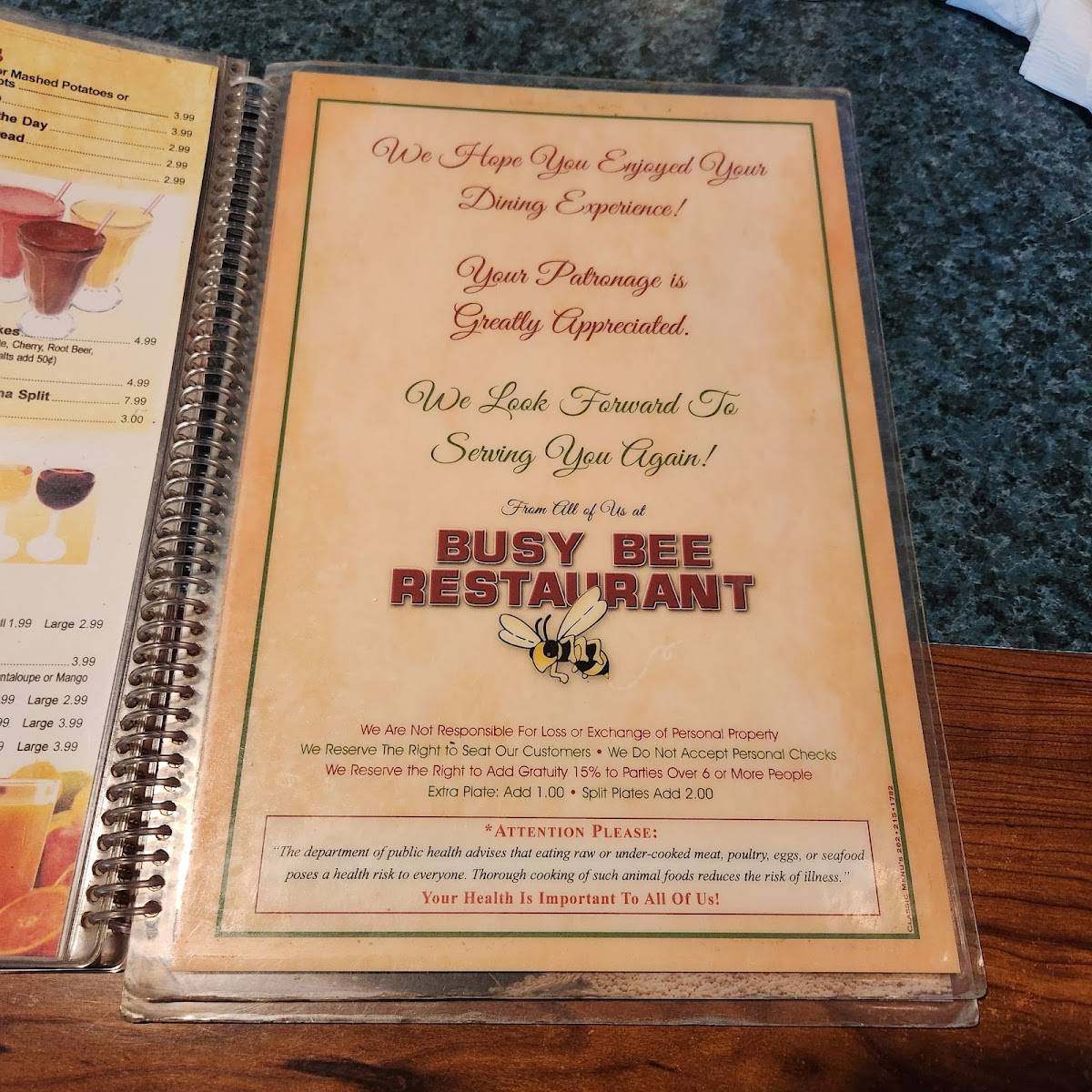 Menu at Busy Bee restaurant, Wonder Lake