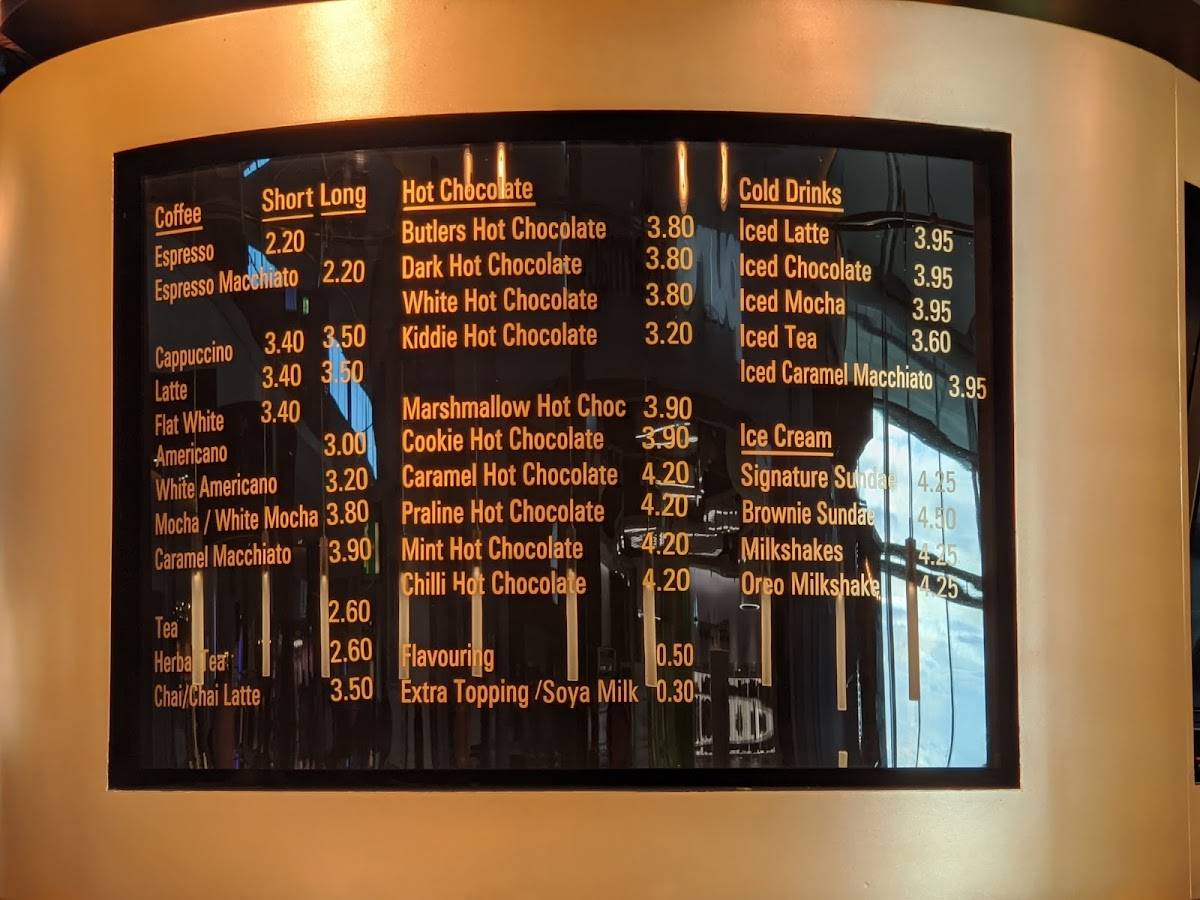 Carta de Butlers Chocolate Café, Dublin, Terminal 2