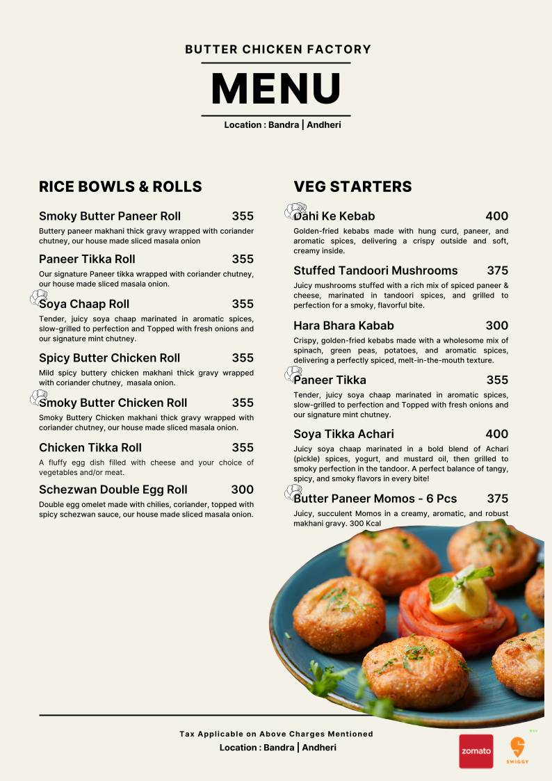 Menu at Butter Chicken Factory, Andheri, Mumbai, Shop No 8