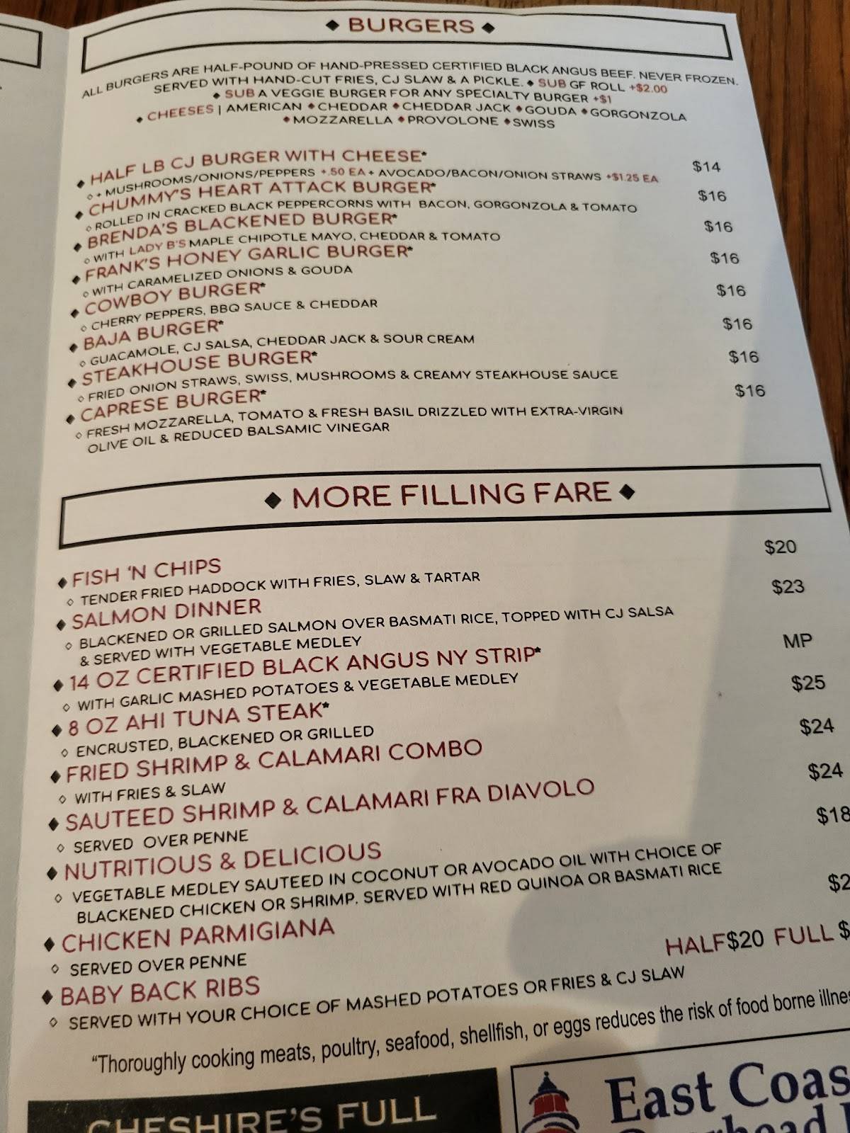 Menu at C.J. Sparrow pub & bar, Cheshire