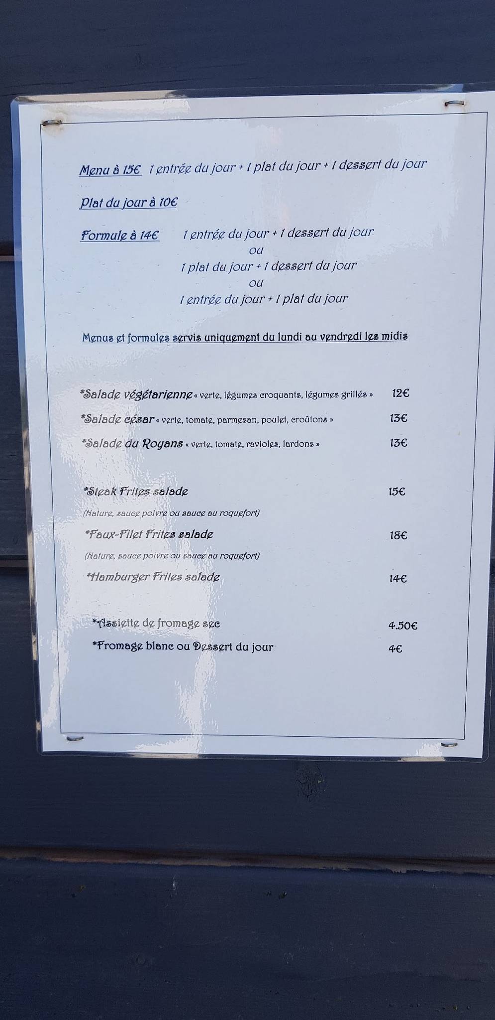 Menu at La Frégate restaurant, Chabeuil