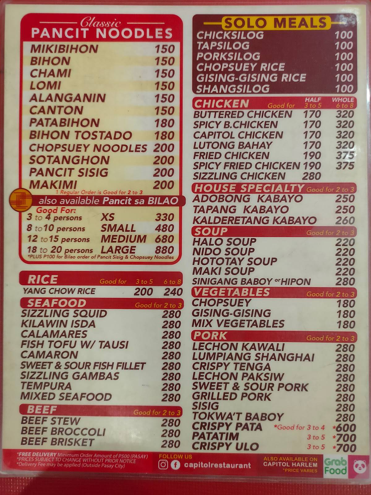 Menu at CAPITOL PARES LIBERTAD restaurant, Pasay