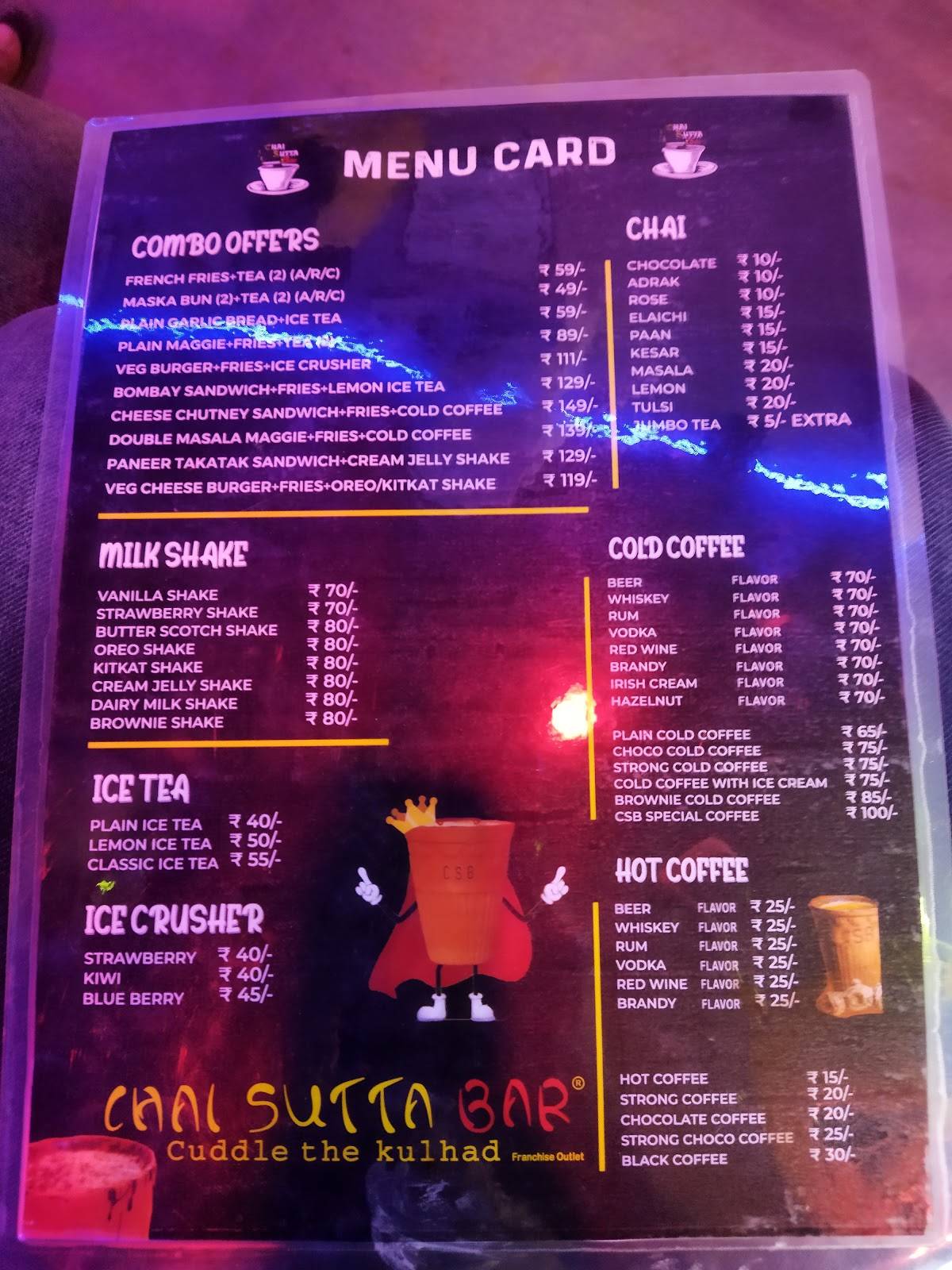 Menu at Chai sutta bar, Nashik