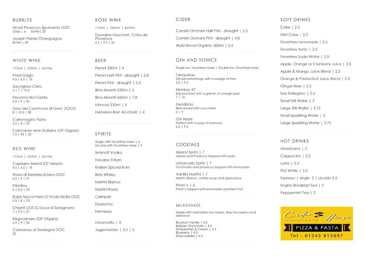 Menu at CHK Ristorante restaurant, Chichester, Crouchers Orchards