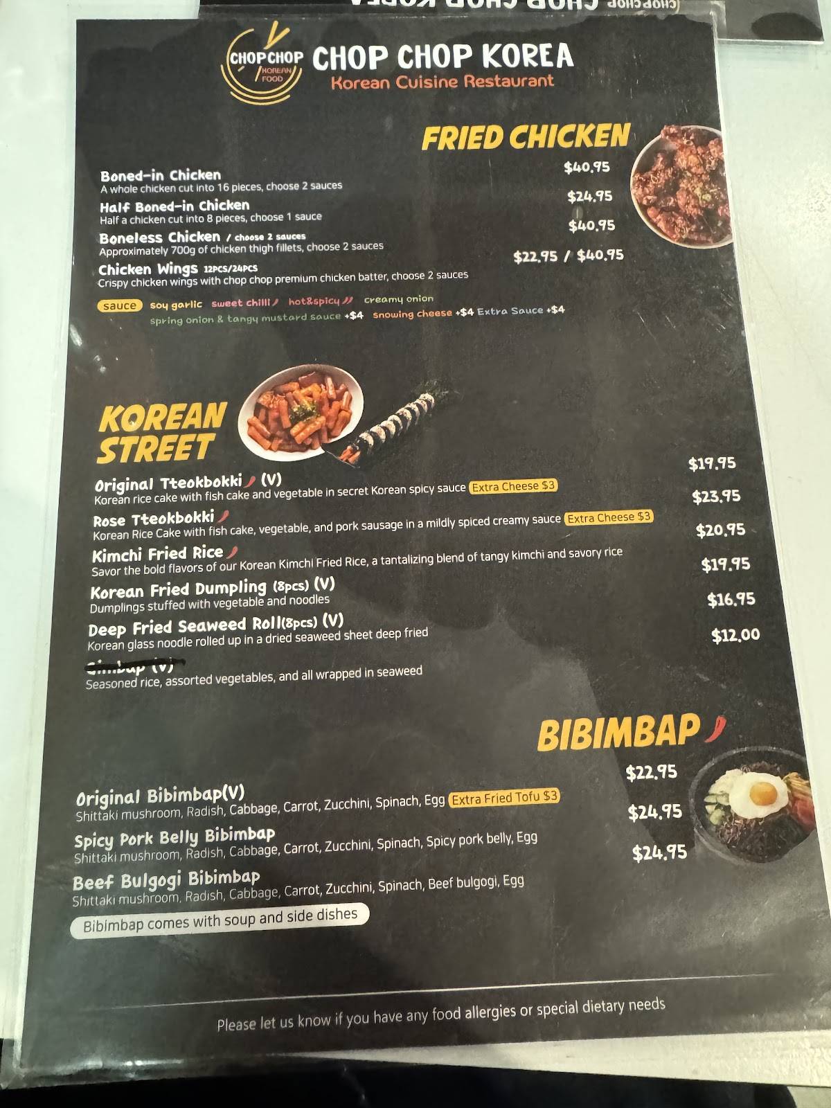 Menu at CHOP CHOP KOREA restaurant, Mount Lawley