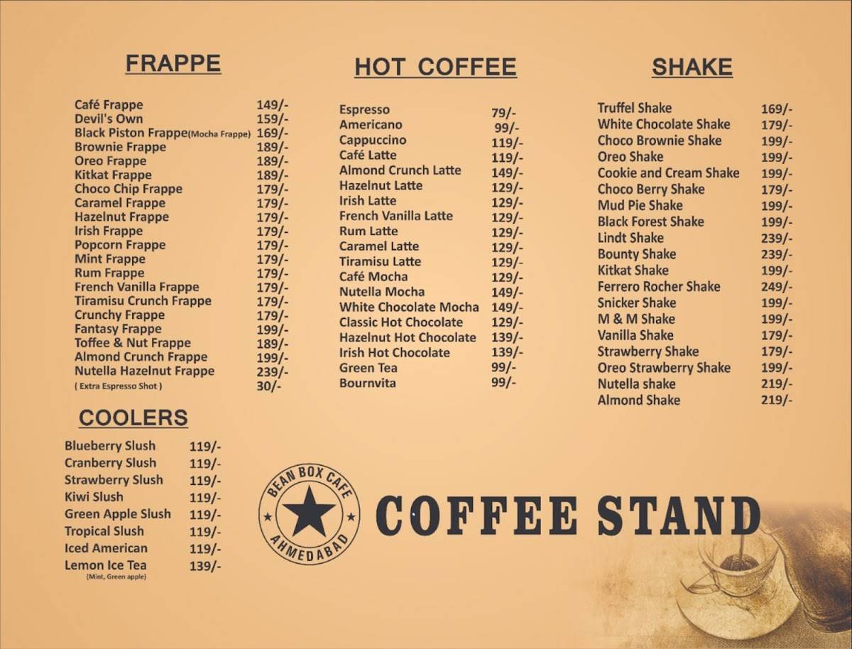Menu at COFFEE STAND -SBR, Ahmedabad, Bogie chefs