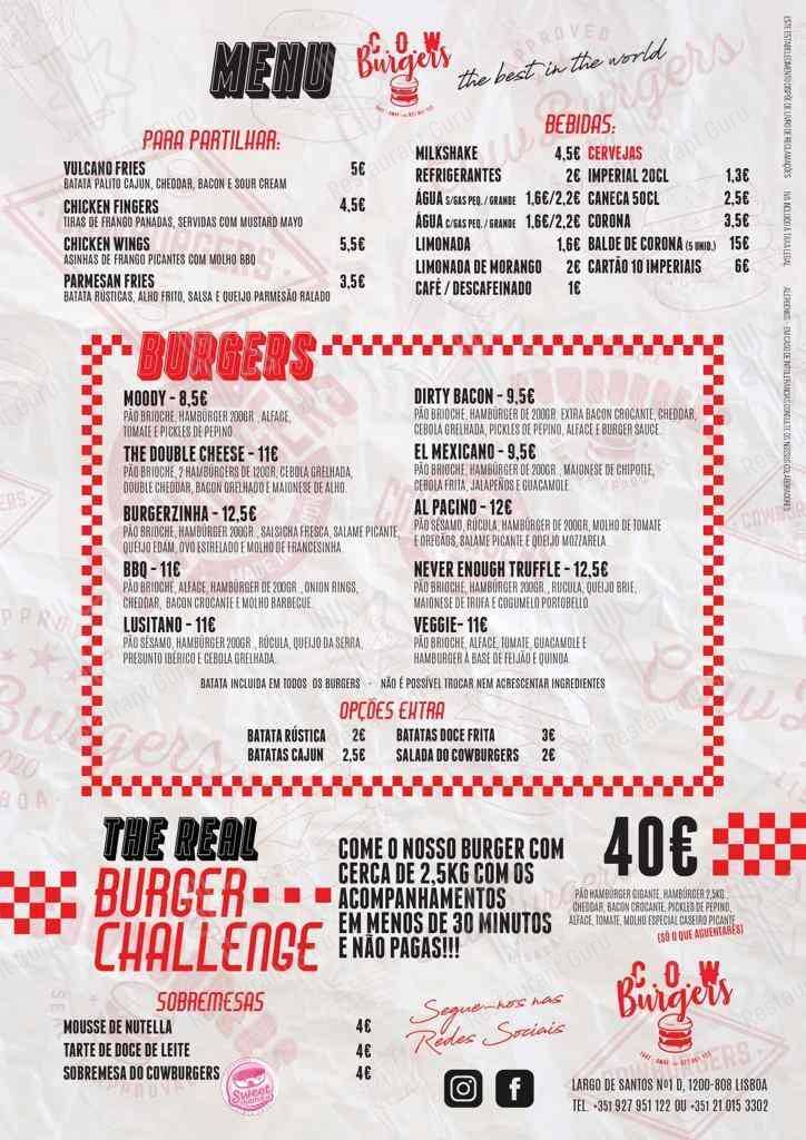 Menu at COW Burgers restaurant, Lisbon