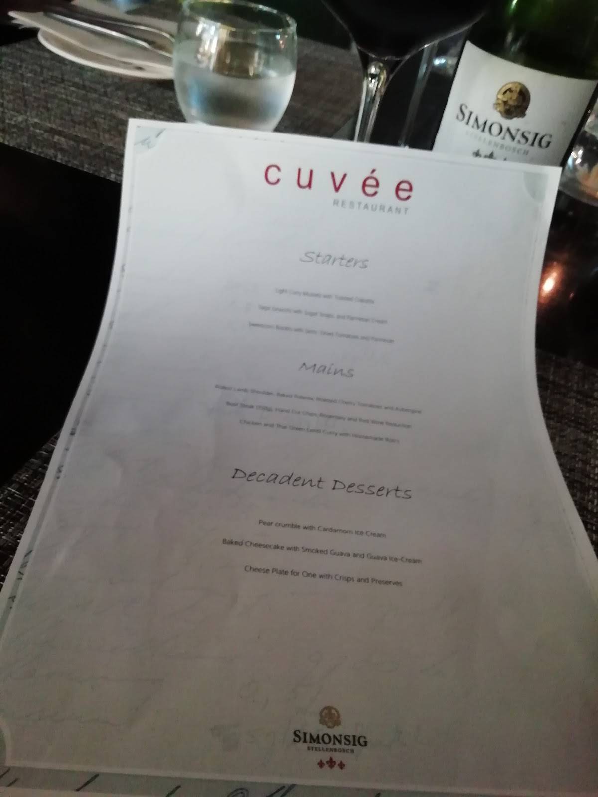 Menu at CUVEE AT SIMONSIG restaurant, Cape Town