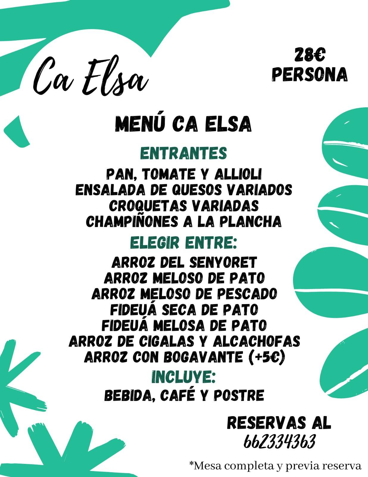 Carta de Ca Elsa Bar Restaurante, Villalonga