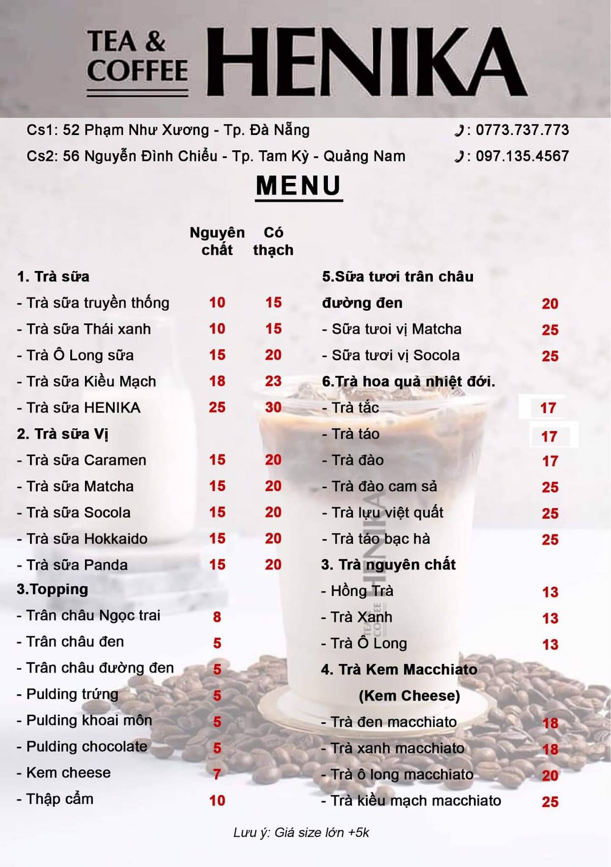 Menu at Cà Phê Trà Sữa Henika cafe, Da Nang