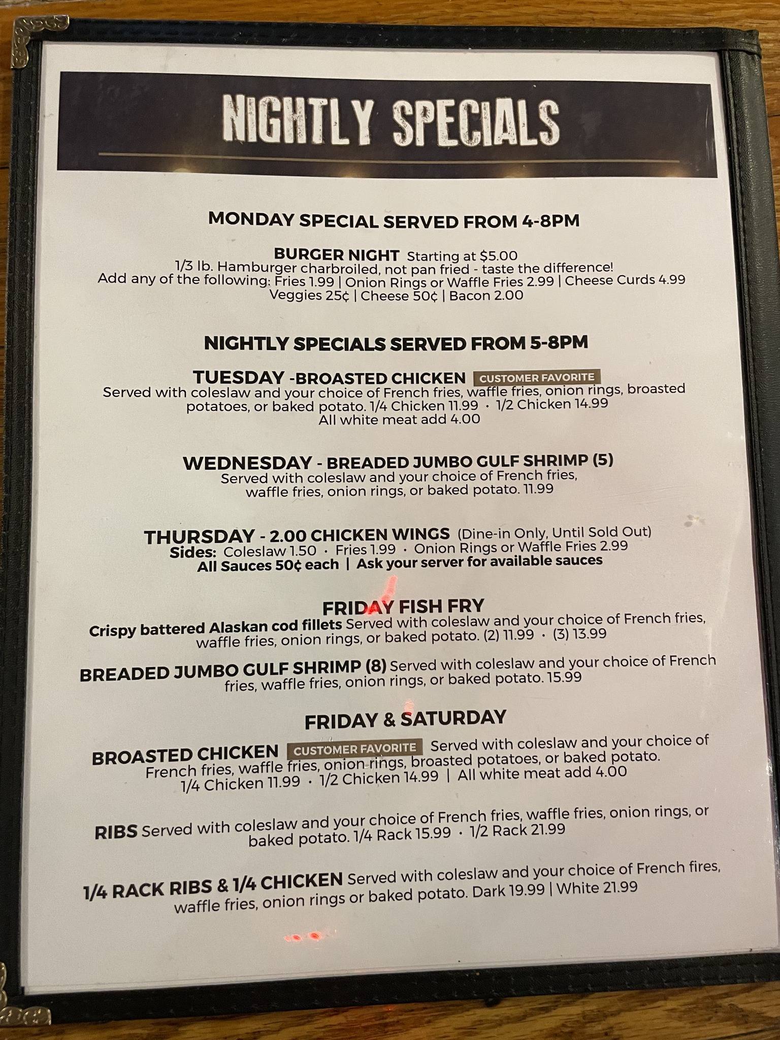 Menu at Cabaret Webb Lake, USA