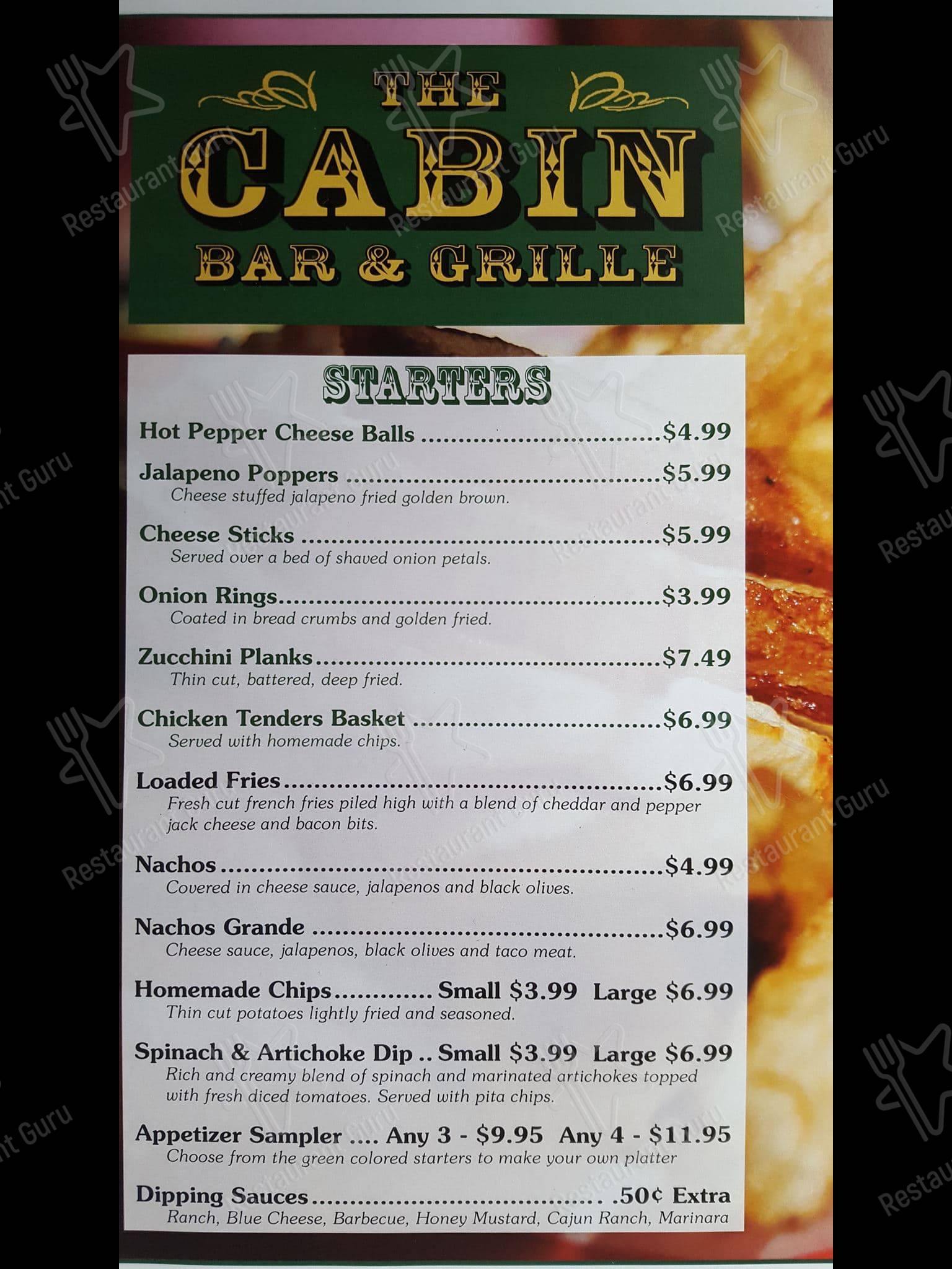 Menu at The Cabin Bar N Grille, Hunker