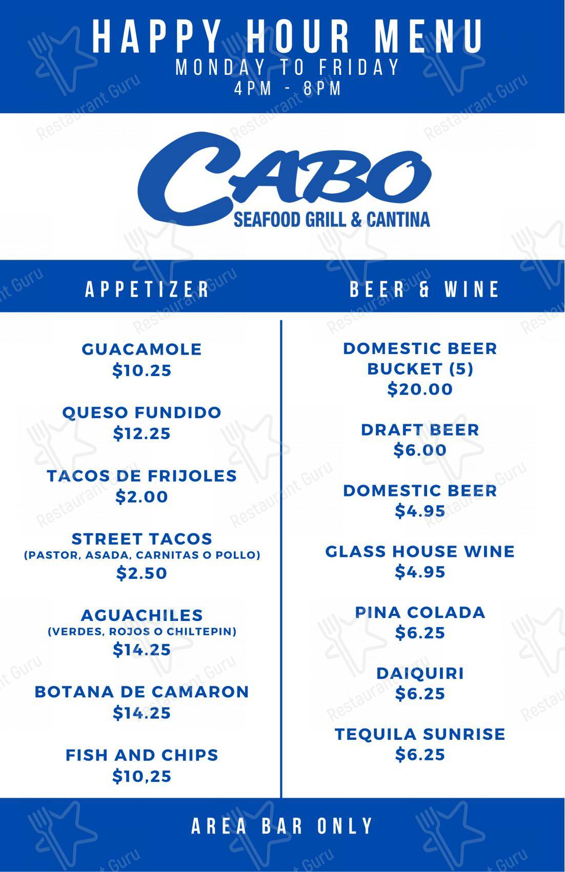 Menu at Cabo Seafood Grill And Cantina restaurant, Oxnard
