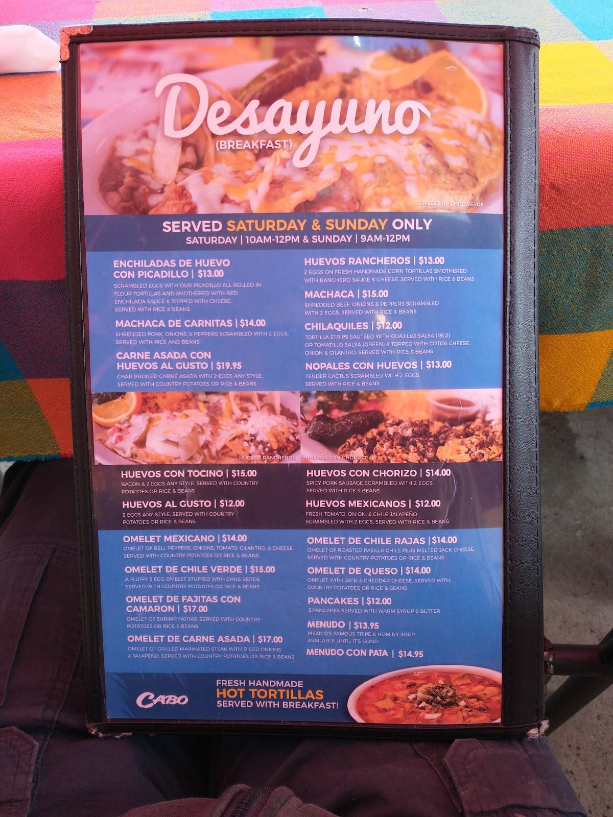 Menu at Cabo Seafood Grill And Cantina restaurant, Oxnard