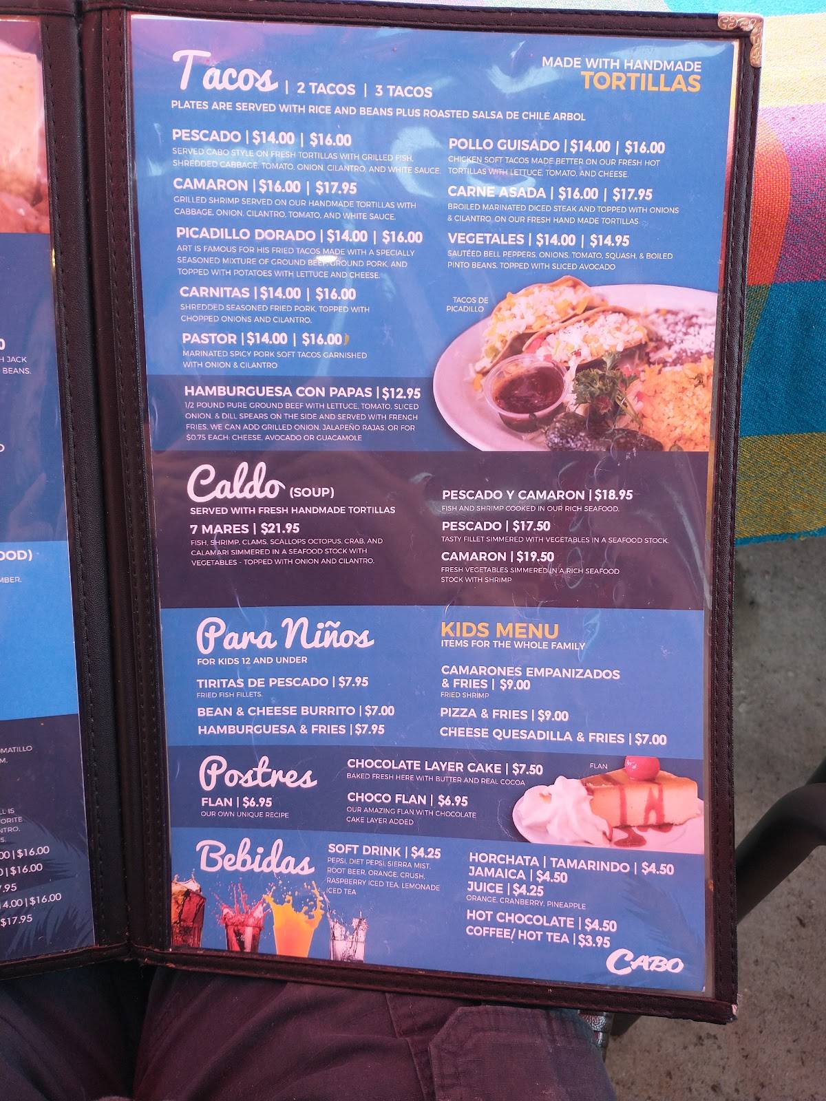 Menu at Cabo Seafood Grill And Cantina restaurant, Oxnard