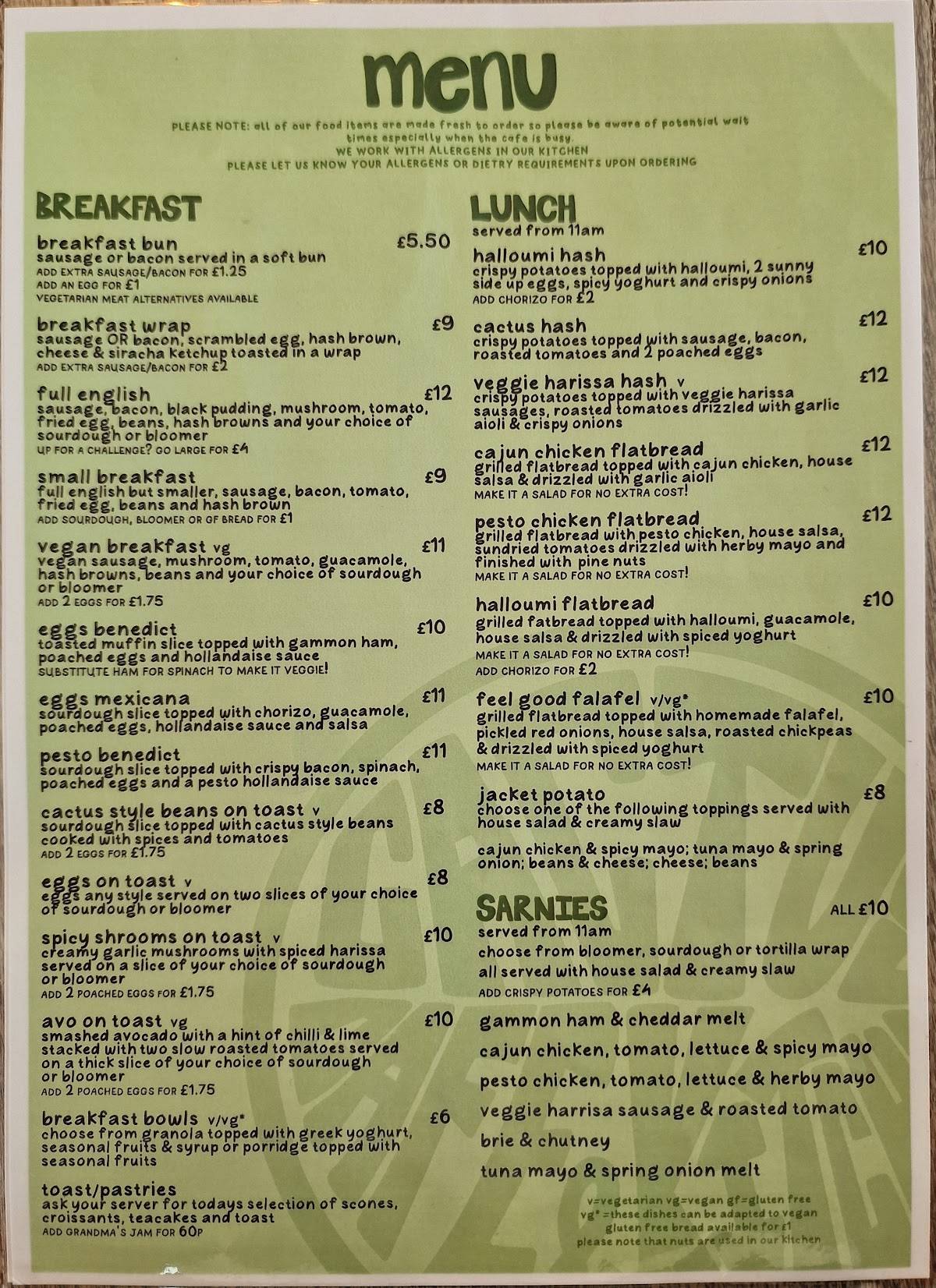 Menu at Cactus Cafe & Kitchen, Darlington