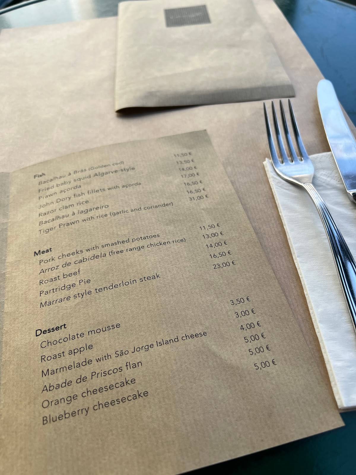 Menu at Cacué restaurant, Lisbon