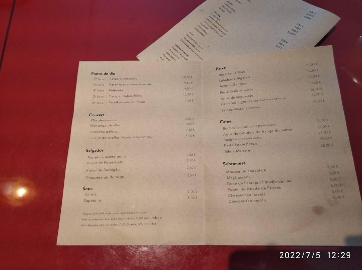 Menu at Cacué restaurant, Lisbon