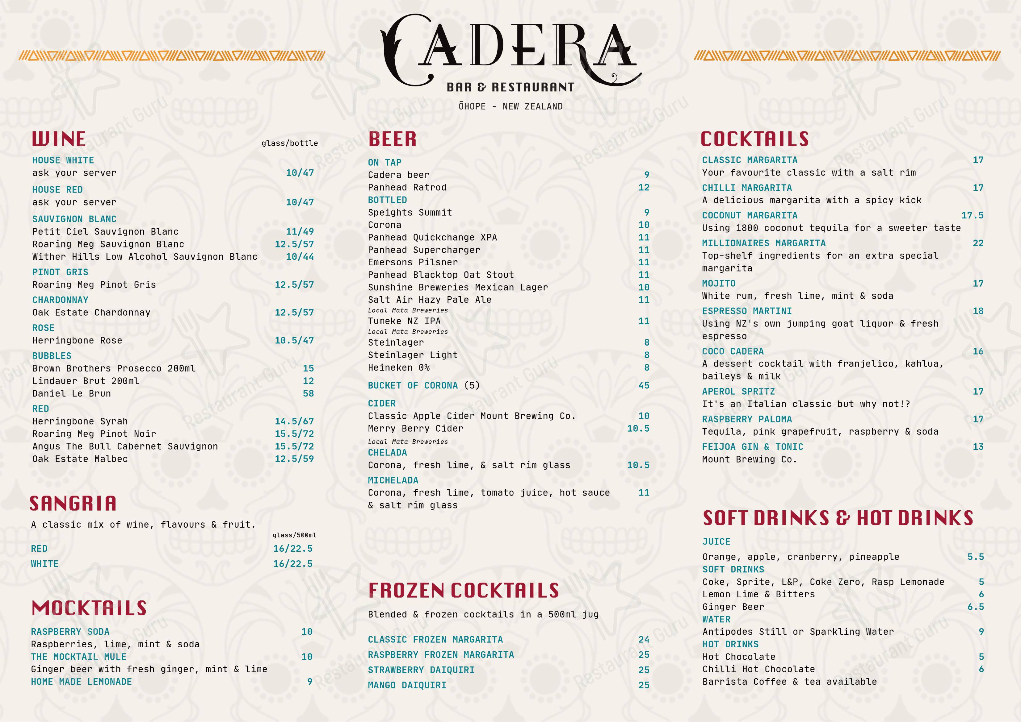 Menu at Cadera restaurant, Ohope