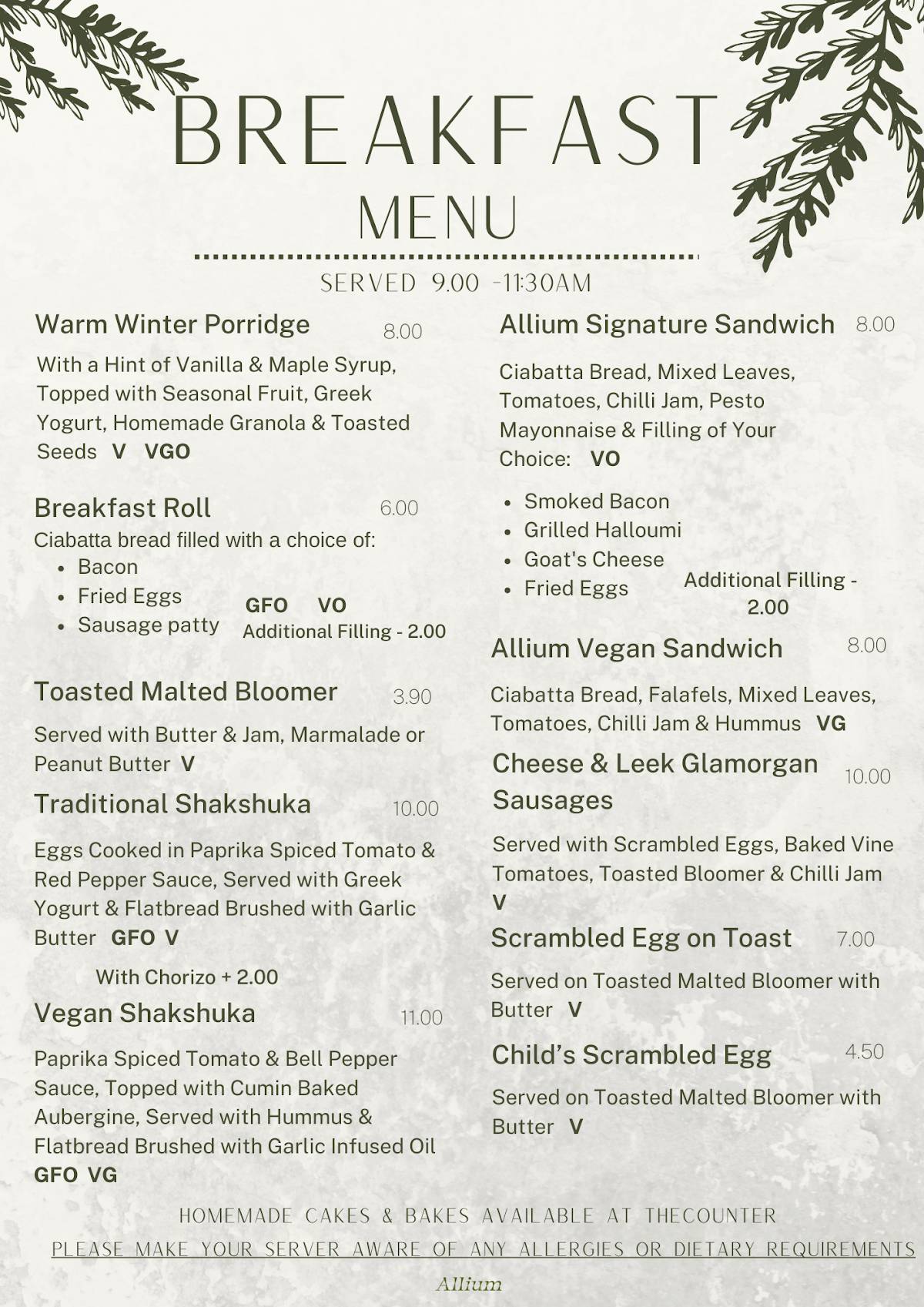Menu at Allium cafe, Tenby