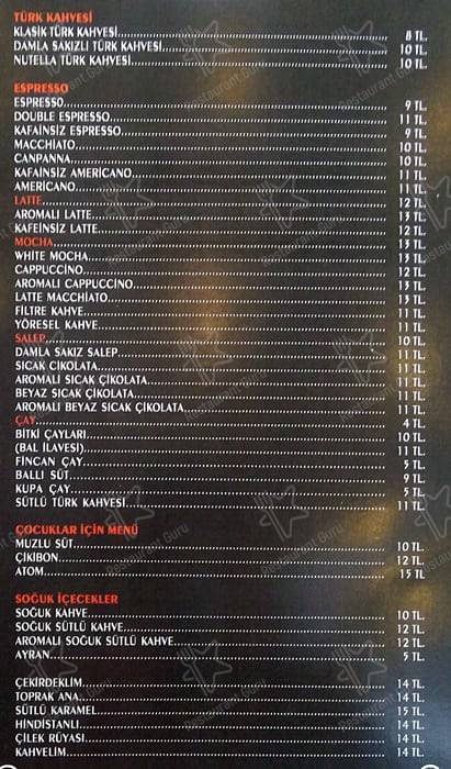 Menu at Antika Cafe, Istanbul, Ambarlıdere Yolu