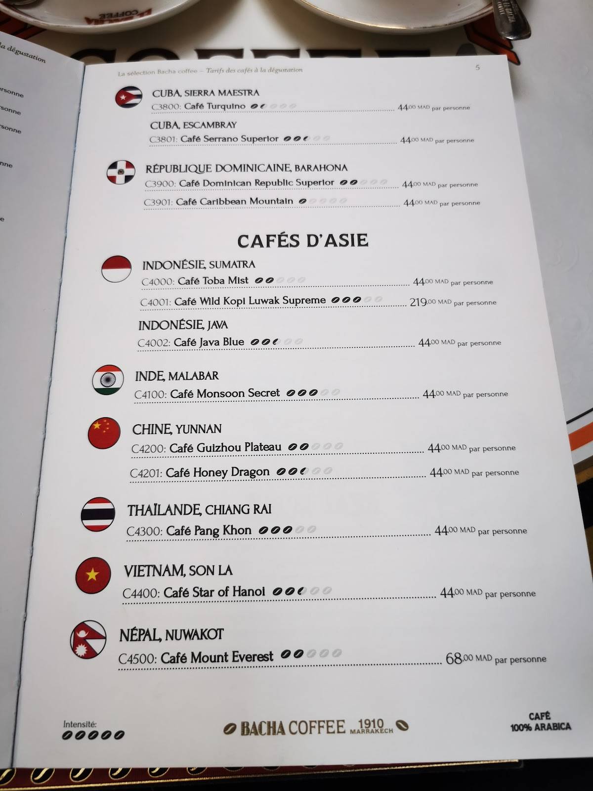Menu au Bacha Coffee café, Marrakech