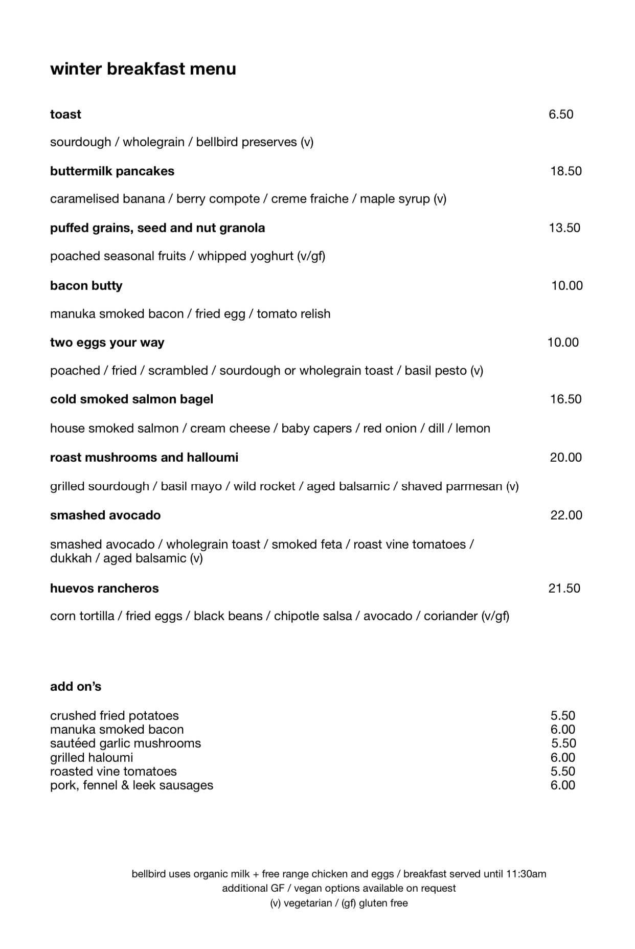 Menu at Bellbird Eatery cafe, Lower Hutt