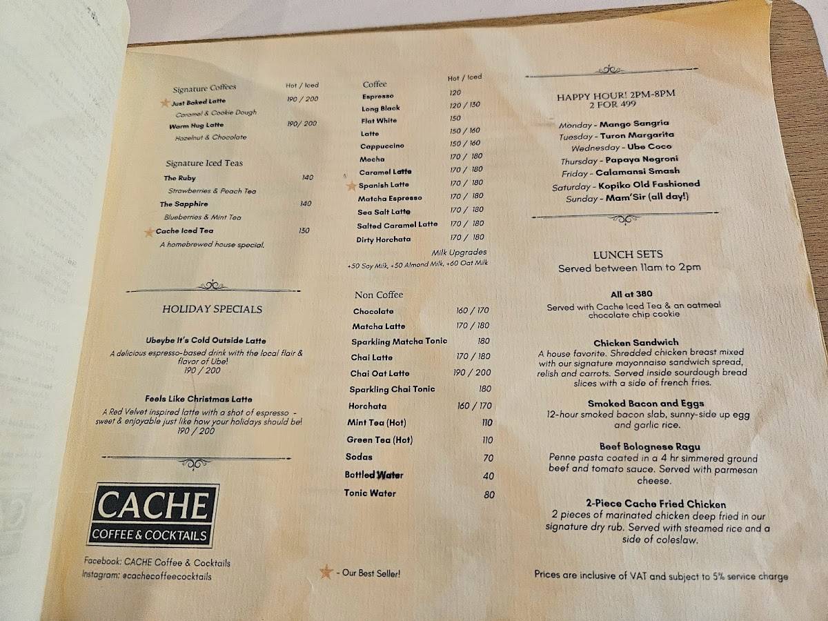 Menu at Cache Coffee & Cocktails cafe, Pasig