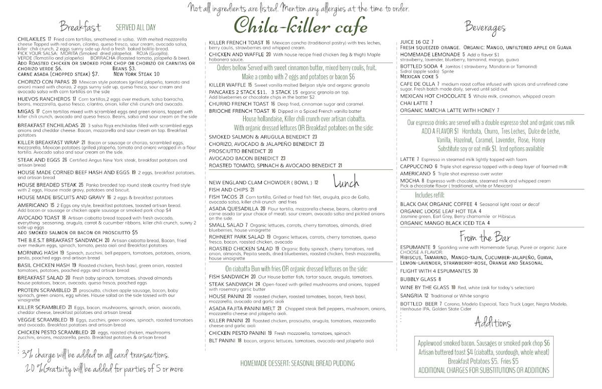 Menu at Chila-killer cafe, Rohnert Park