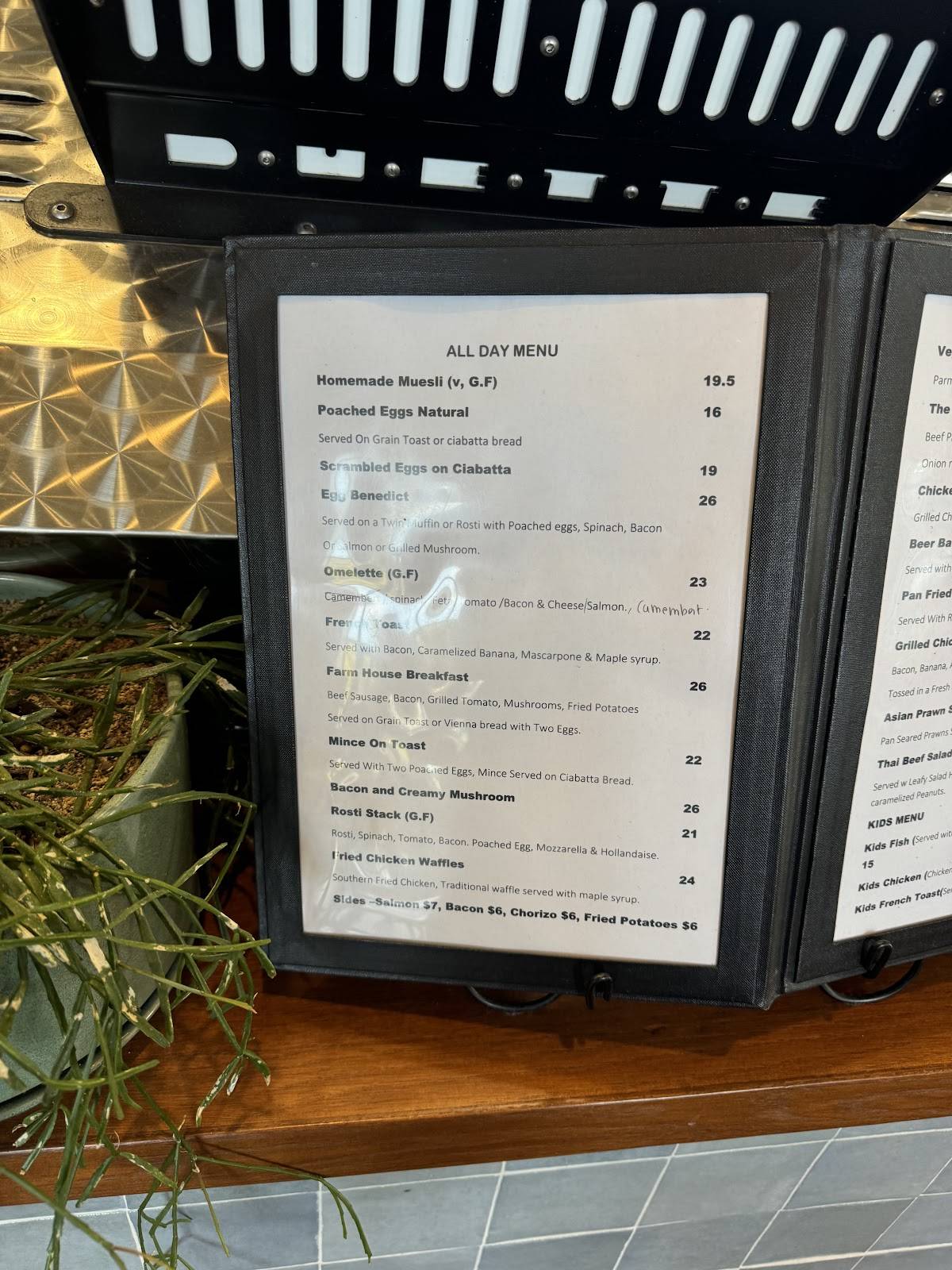Menu at Churchills of Te Awamutu cafe, Te Awamutu