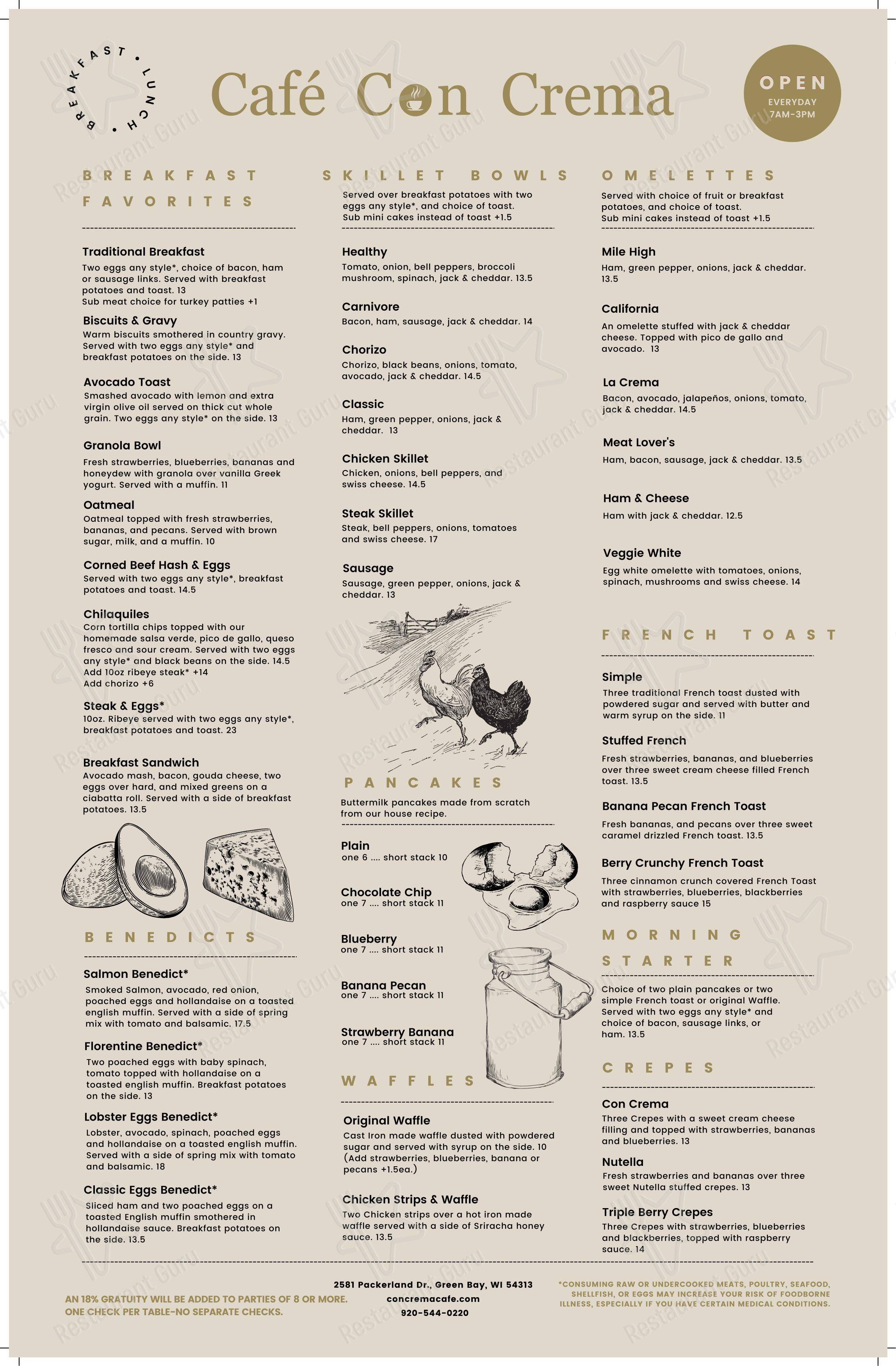 Menu at Café Con Crema restaurant, Green Bay