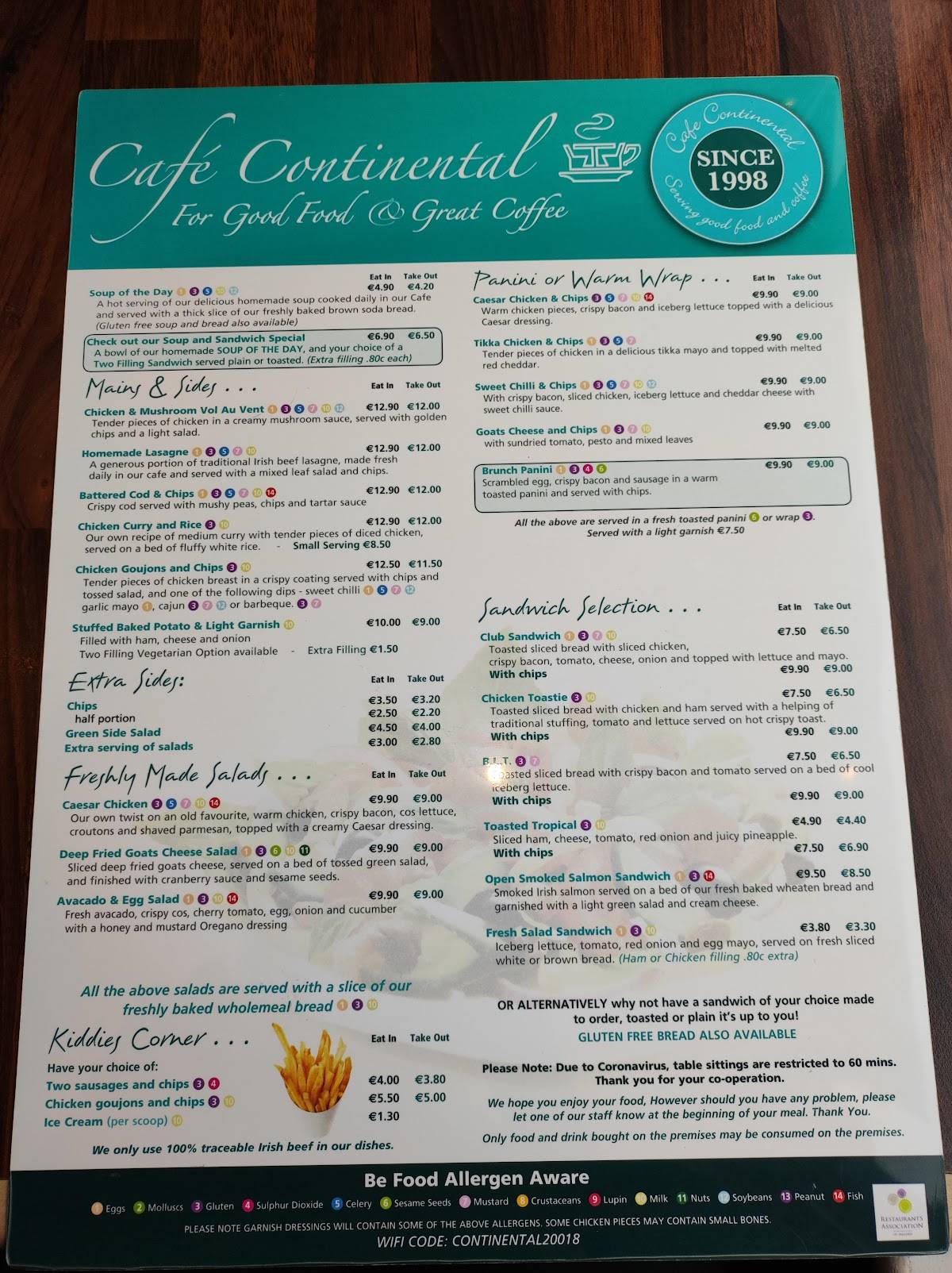 Menu at Café Continental cafe, Newbridge, Unit 6