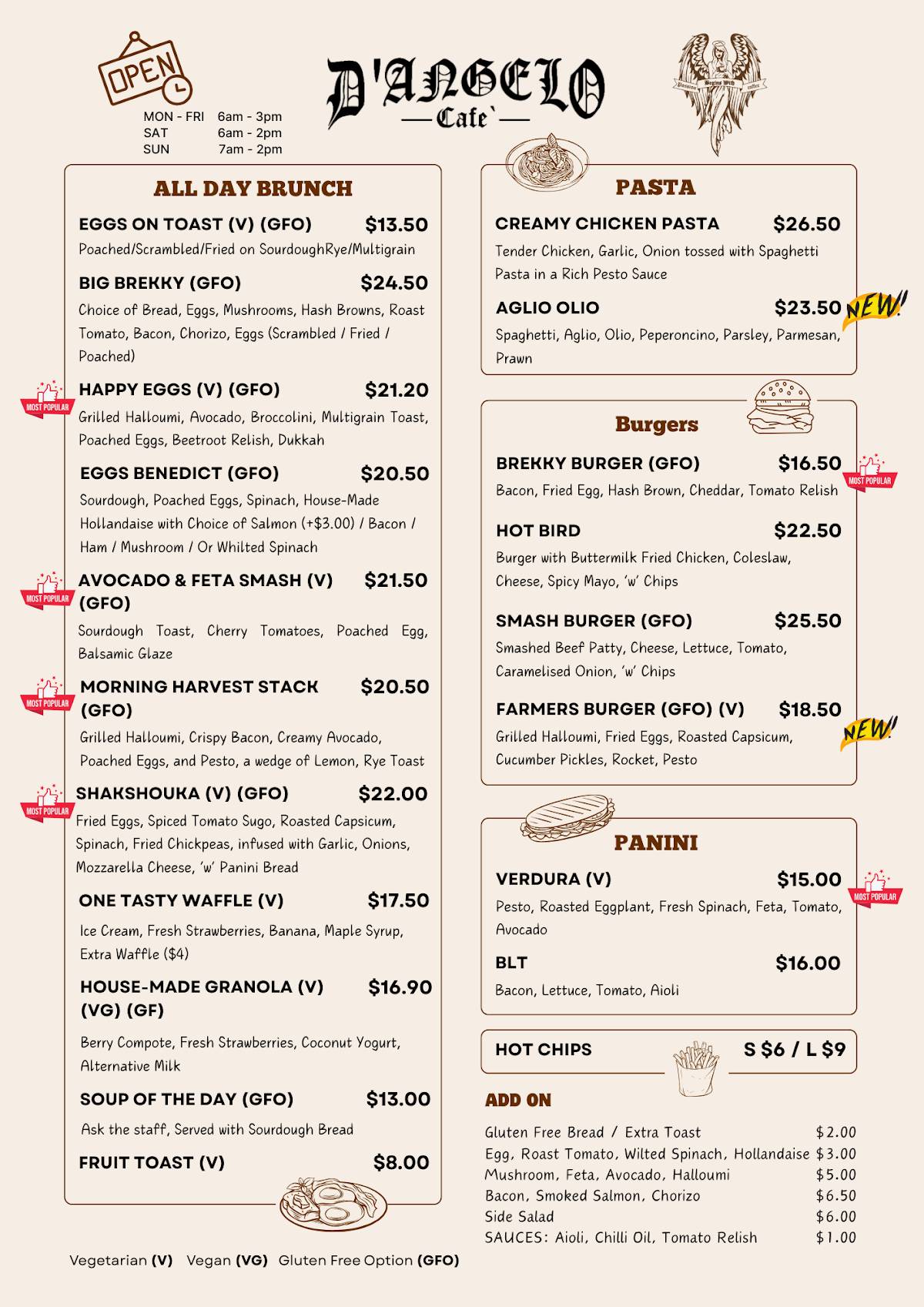 Menu at D'Angelo Cafè cafe, Fremantle