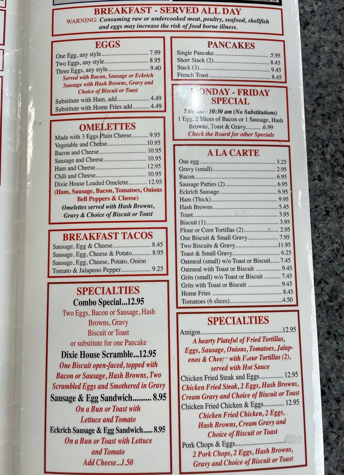 Menu at Dixie House Cafe, Fort Worth, E Lancaster Ave