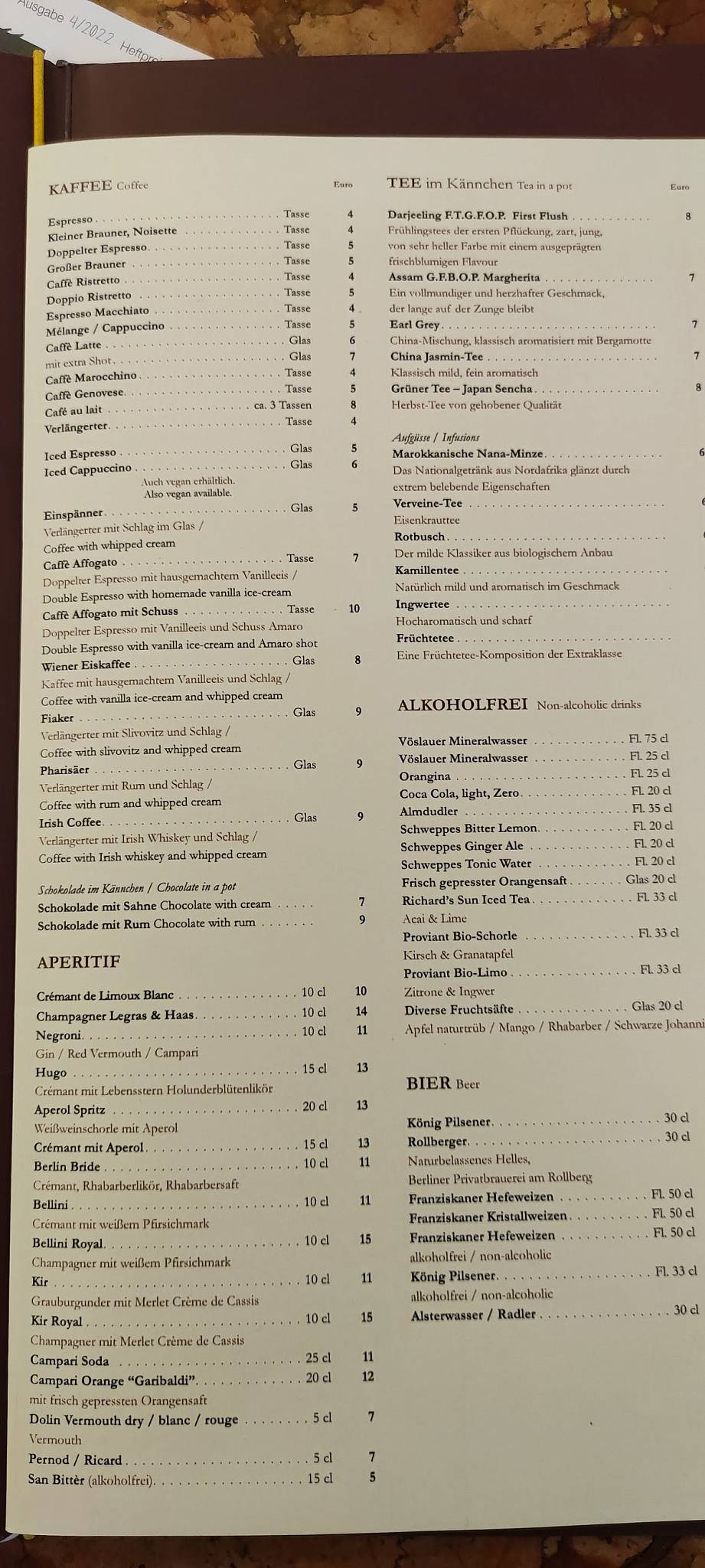 Menu au Café Einstein Stammhaus, Berlin, Kurfürstenstraße 58