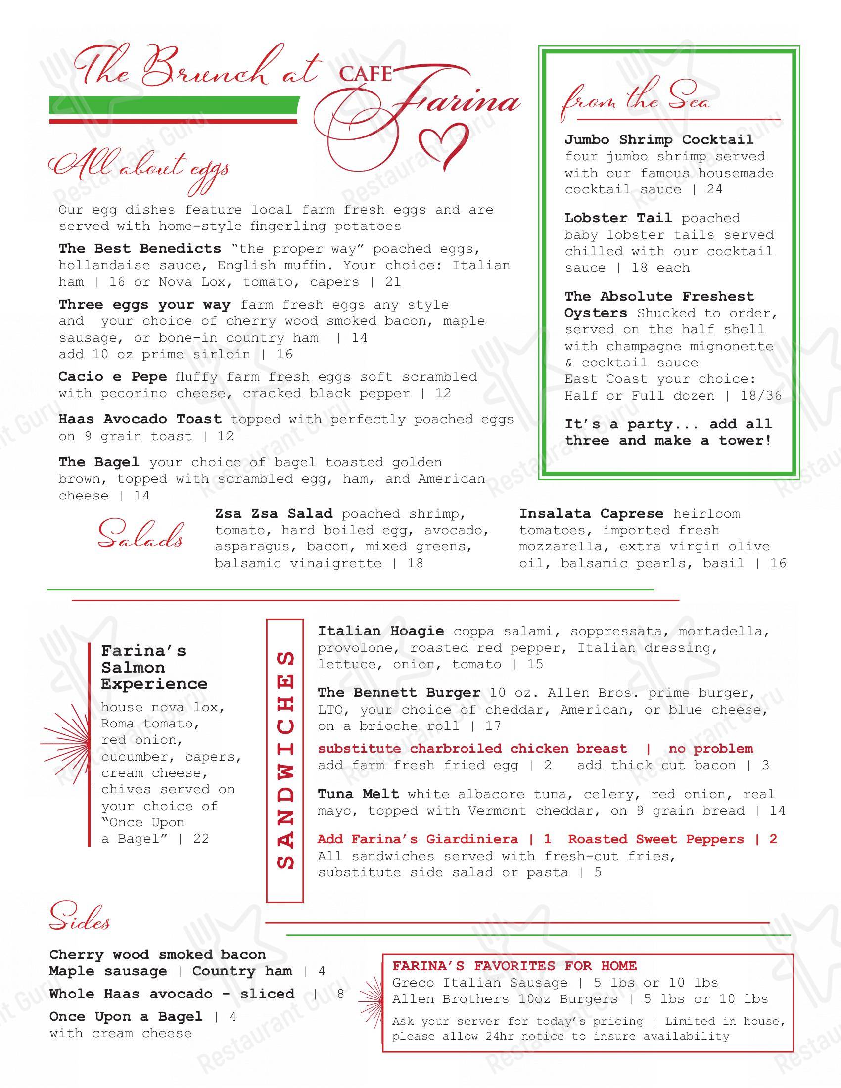 Menu at Cafe Farina, Michigan City