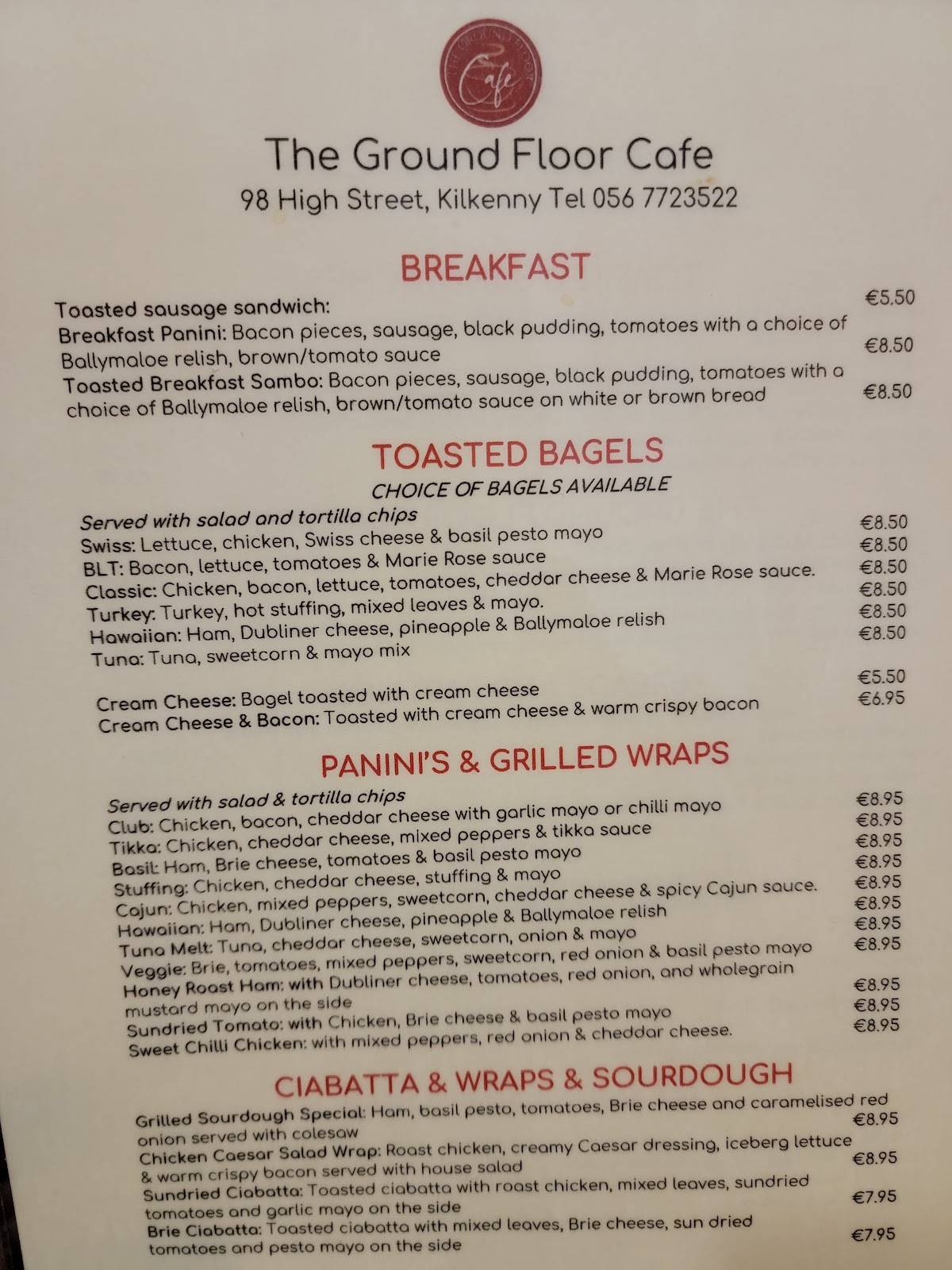 Menu at Ground Floor Cafe, Kilkenny
