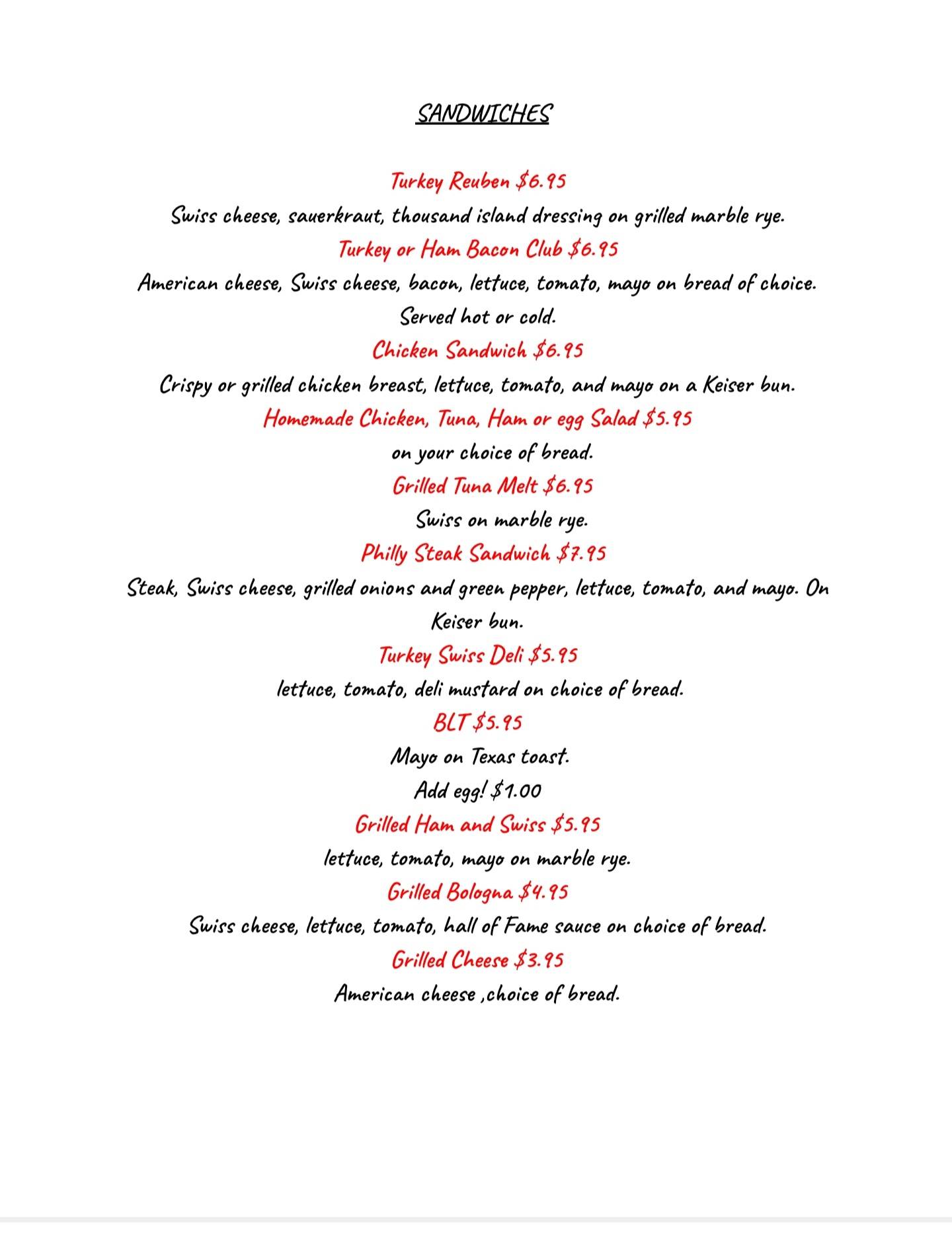 Menu at Hall of Fame Cafe, Wheeling