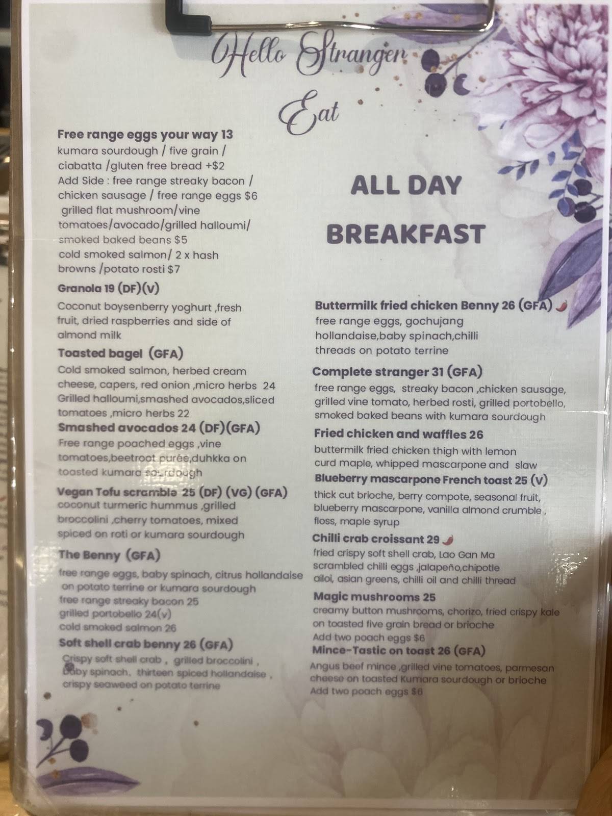Menu at Hello Stranger cafe, Auckland