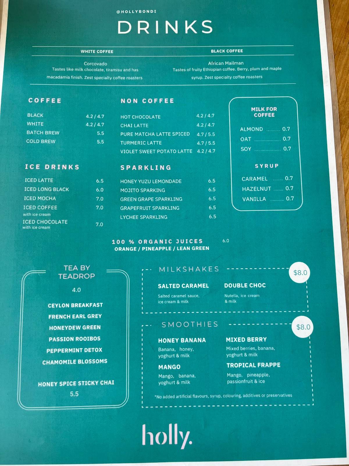 Menu at Holly Cafe, Bondi Junction